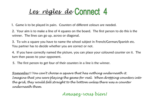 FRENCH~SPANISH~GERMAN ~ School Subjects ~ Connect 4 | Teaching Resources