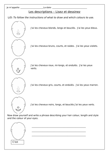 French - Facial Features - Worksheets | Teaching Resources