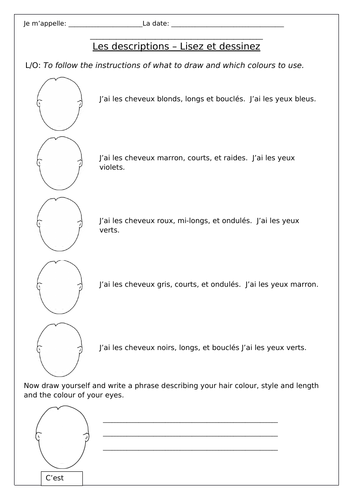 French - Facial Features - Worksheets | Teaching Resources