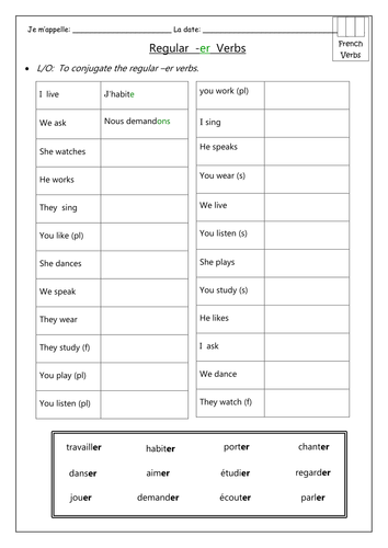 FRENCH VERBS - Planting a regular -er verb - Worksheets | Teaching ...