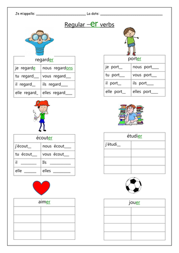 FRENCH VERBS - Planting a regular -er verb - Worksheets | Teaching ...