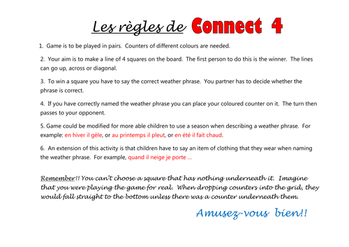 FRENCH ~ Quel temps fait-il? Connect 4 | Teaching Resources