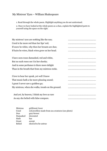 Poetry - Shakespeare - Sonnet 130 (My Mistress' Eyes) - 3 detailed ...