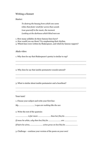 Poetry - Shakespeare - Sonnet 130 (My Mistress' Eyes) - 3 detailed ...