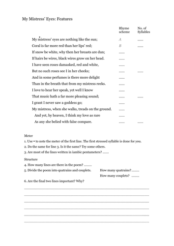 Poetry - Shakespeare - Sonnet 130 (My Mistress' Eyes) - 3 detailed ...