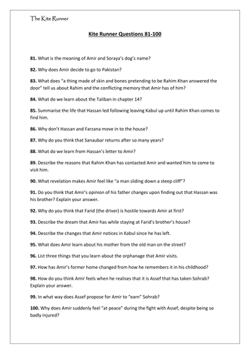 Kite Runner Question Sheets | Teaching Resources