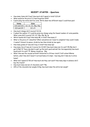 Maths Starter: Receipt | Teaching Resources