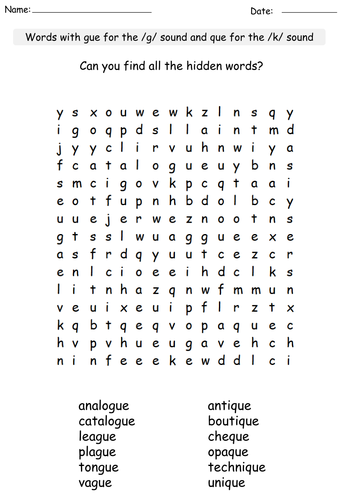 SPaG Year 3 & 4 Spelling: words ending with the /g/ sound spelt gue and ...