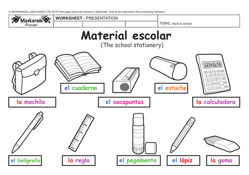 SPANISH- AT-SCHOOL-Y3-Y4: School stationery/ Material escolar/ Numbers ...