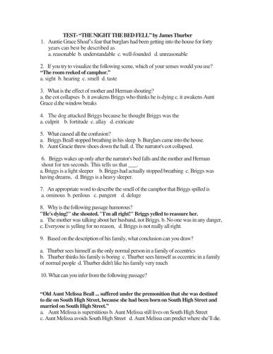 The Night the Bed Fell by James Thurber Short Story Support Material ...