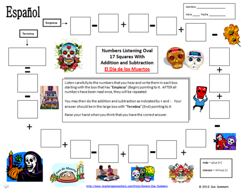Spanish Numbers and Math Listening Activity - Day of the Dead Theme ...