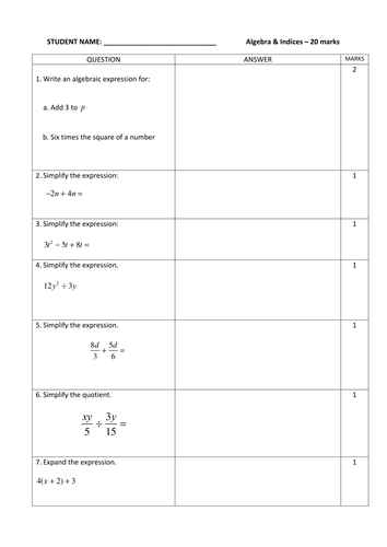Algebra Indices Year 9 Intermediate Maths NSW Paper | Teaching Resources