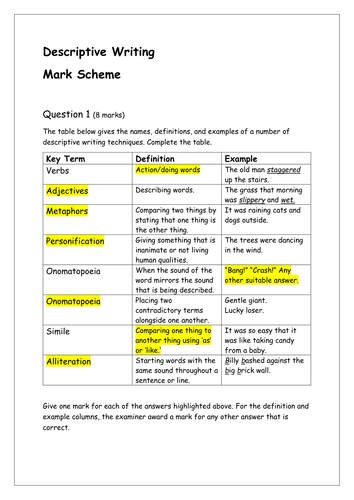 Descriptive Writing - Full Assessment including Insert and Mark Scheme ...