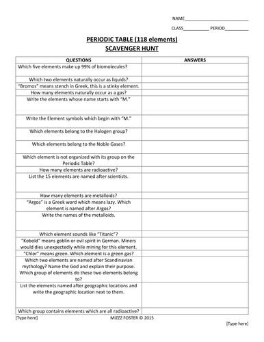 Periodic Table (118 elements) Scavenger Hunt Secondary Science ...