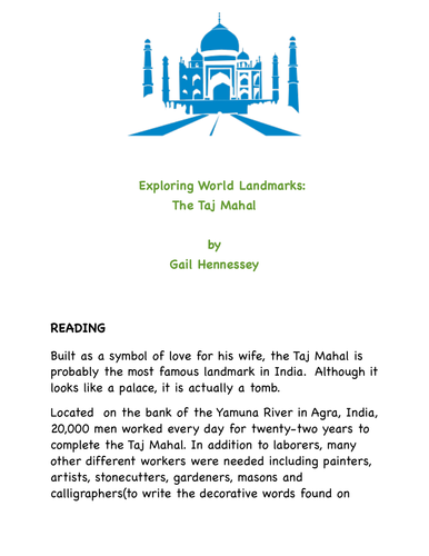 Taj Mahal(A Reading Activity) | Teaching Resources