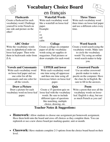 French Vocabulary Choice Board | Teaching Resources