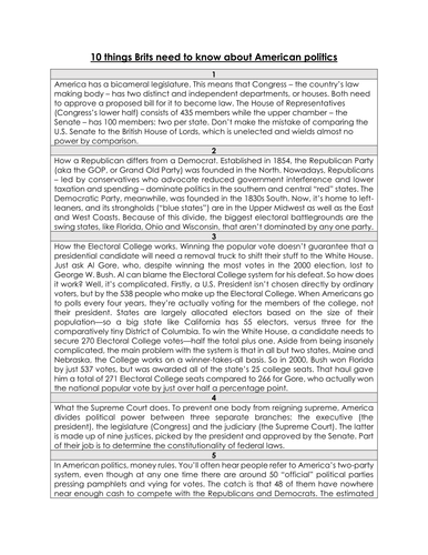 US Government & Politics Introduction: Unit of Work | Teaching Resources