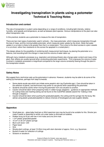 A-level set practicals - using a potometer | Teaching Resources