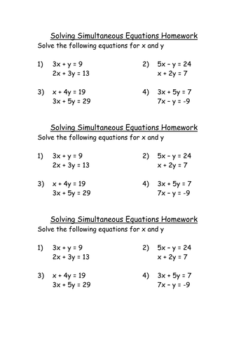 Simultaneous Equations Homeworks | Teaching Resources Simultaneous Equations Homeworks | Teaching Resources