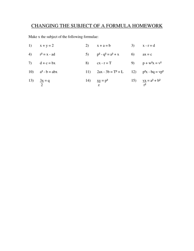 Substitution into formulae and changing the subject worksheets ...