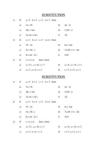 Substitution into formulae and changing the subject worksheets ...