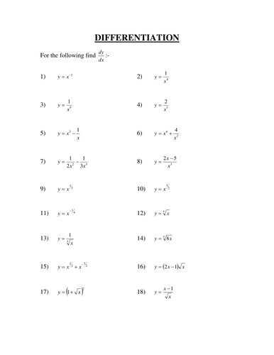 Differentiation Worksheet A Level Differentiation Worksheet A Level