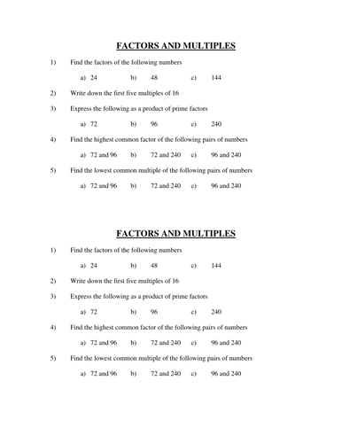 Factors and Multiples inc Prime Factor Homework | Teaching Resources
