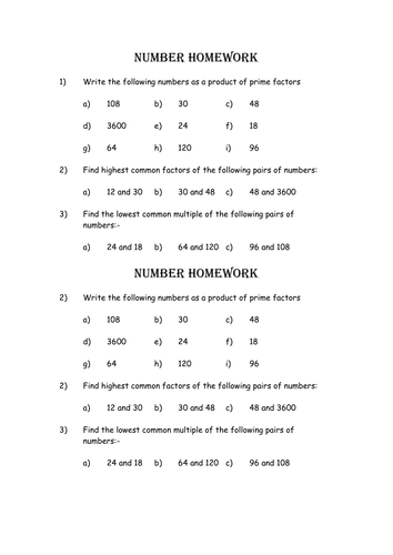 HCF, LCM and Prime Factor Homework | Teaching Resources