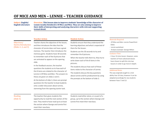 Of Mice and Men - Characterisation of Lennie | Teaching Resources