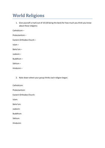Intro to World Religions - student knowledge assessor | Teaching Resources