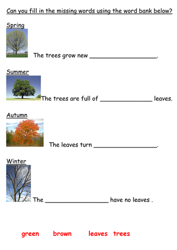 Labelling the Seasons and writing a caption. Filling in the missing ...