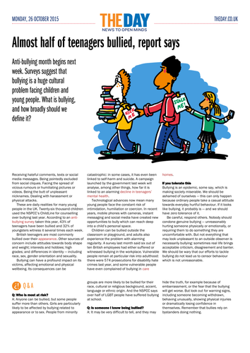 News written for classrooms: Anti-bullying week articles, debate ...