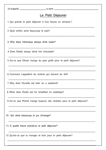 FRENCH - Food - Le Petit Déjeuner - Worksheets | Teaching Resources