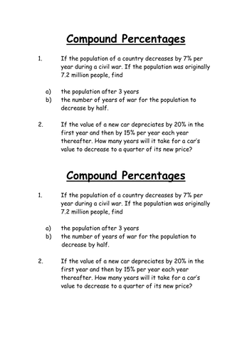 Compound Percentage Decrease Differentiated Homework | Teaching Resources