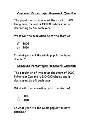 Compound Percentage Decrease Differentiated Homework | Teaching Resources