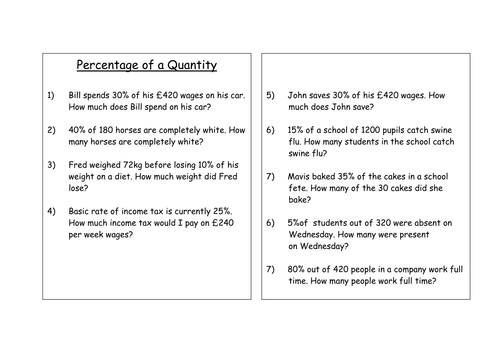 Percentage of a Quantity Homework | Teaching Resources