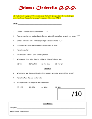 Chinese Cinderella Chapters 1-22 student based worksheets with ...