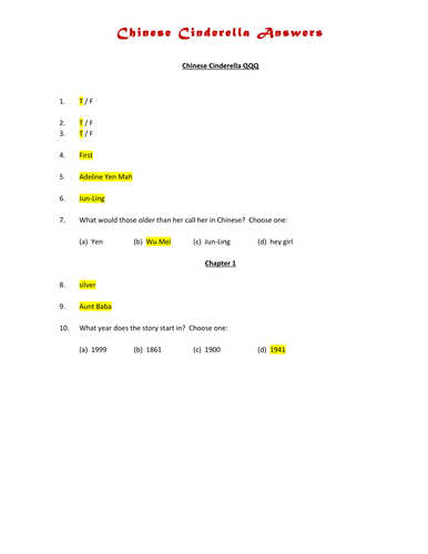 Chinese Cinderella Chapters 1-22 student based worksheets with ...