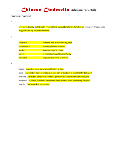 Chinese Cinderella Chapters 1-22 student based worksheets with ...