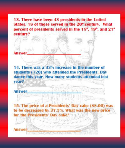 Presidents Day Percent Worksheets | Teaching Resources