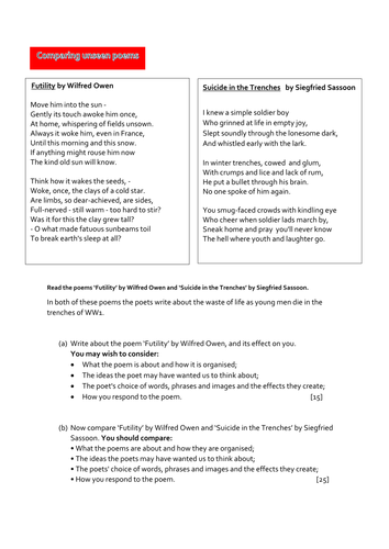 Comparing unseen poems: 'Futility' by Wilfred Owen & 'Suicide in the ...