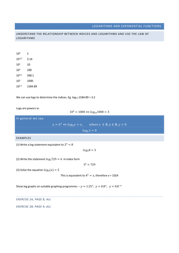 Logarithms and Exponential Functions FULL Teaching Notes | Teaching ...