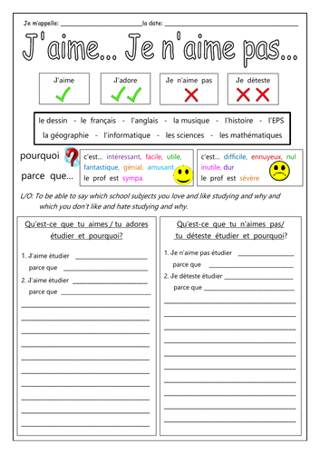 FRENCH - School Subjects and Opinions - Worksheets | Teaching Resources