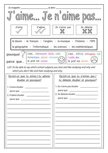 FRENCH - School Subjects and Opinions - Worksheets | Teaching Resources