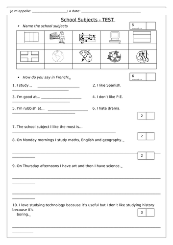 FRENCH - School Subjects and Opinions - Worksheets | Teaching Resources