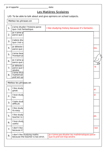 FRENCH - School Subjects and Opinions - Worksheets | Teaching Resources