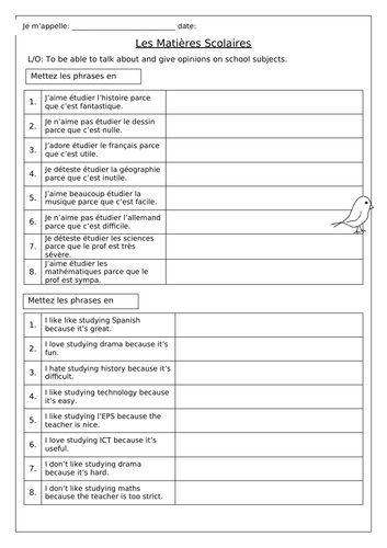 FRENCH - School Subjects and Opinions - Worksheets | Teaching Resources