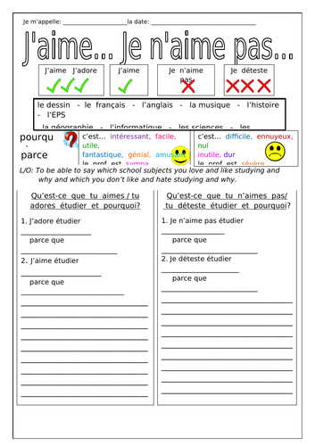 FRENCH - School Subjects and Opinions - Worksheets | Teaching Resources