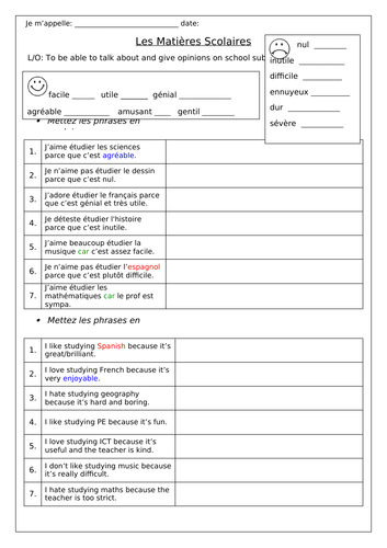 FRENCH - School Subjects and Opinions - Worksheets | Teaching Resources