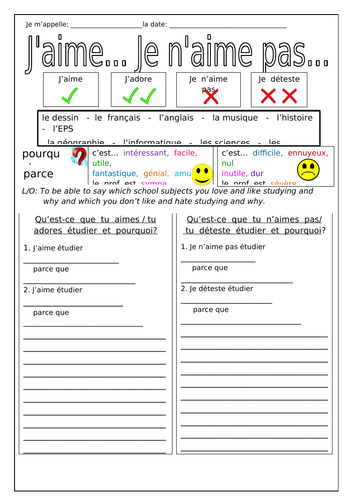 FRENCH - School Subjects and Opinions - Worksheets | Teaching Resources